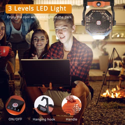TUNISE Battery Operated Fan, Outdoor Fan,Camping Fans for Tents, 7800mAh Usb Rechargeable Fan, Camping LED Lantern, 3 Speeds Brightness, Ceiling Fan with Hook, Strong Wind Quiet, Sturdy Drop Resistant
