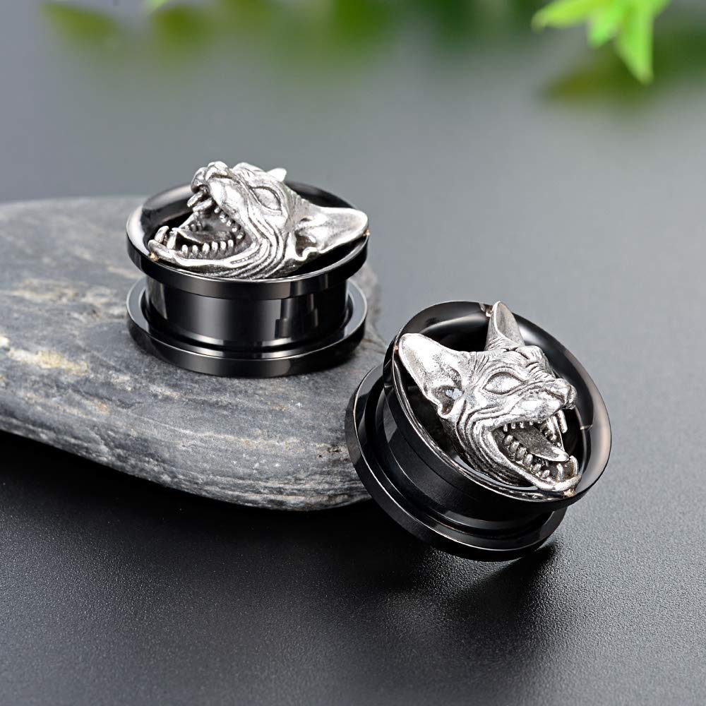 COOEAR 1 Pair Stainless Steel Cat Logo Ear Gauges Black screw Tunnels for Ears Piercing Ear Plugs.