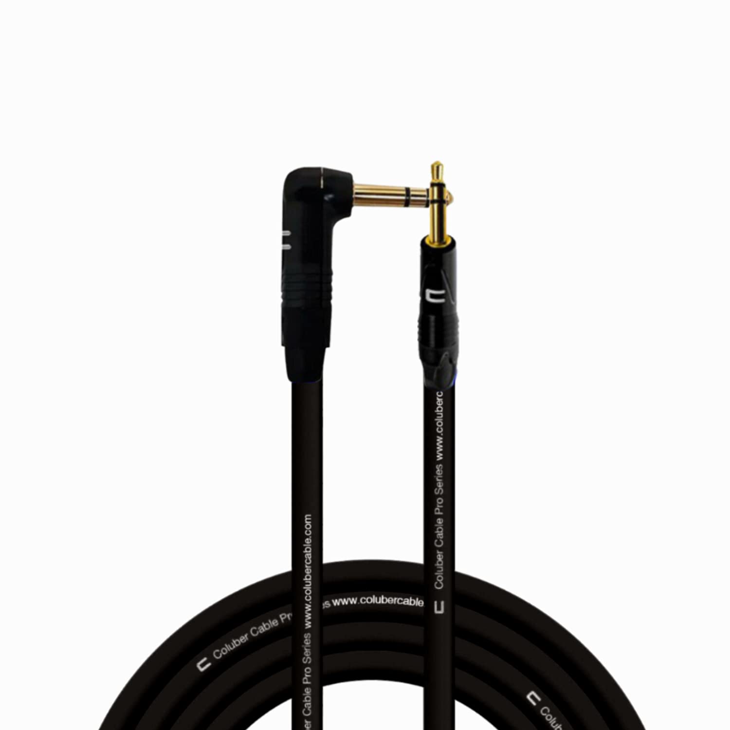 COLUBER CABLE Right Angle 1/4" TRS to 3.5 TRS Male - 15 Feet - Black - Pro 3-Pin Microphone Connector for Powered Speakers, Audio Interface or Mixer for Live Performance & Recording