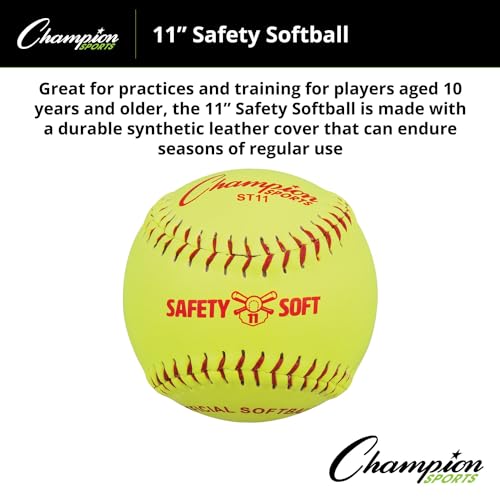 Champion Sports 11" Safety Softballs - Sponge Rubber Core - Syntex Leather Cover - Medium Compression - Pack of 12 - Level 10 (Ages 12+), Optic Yellow