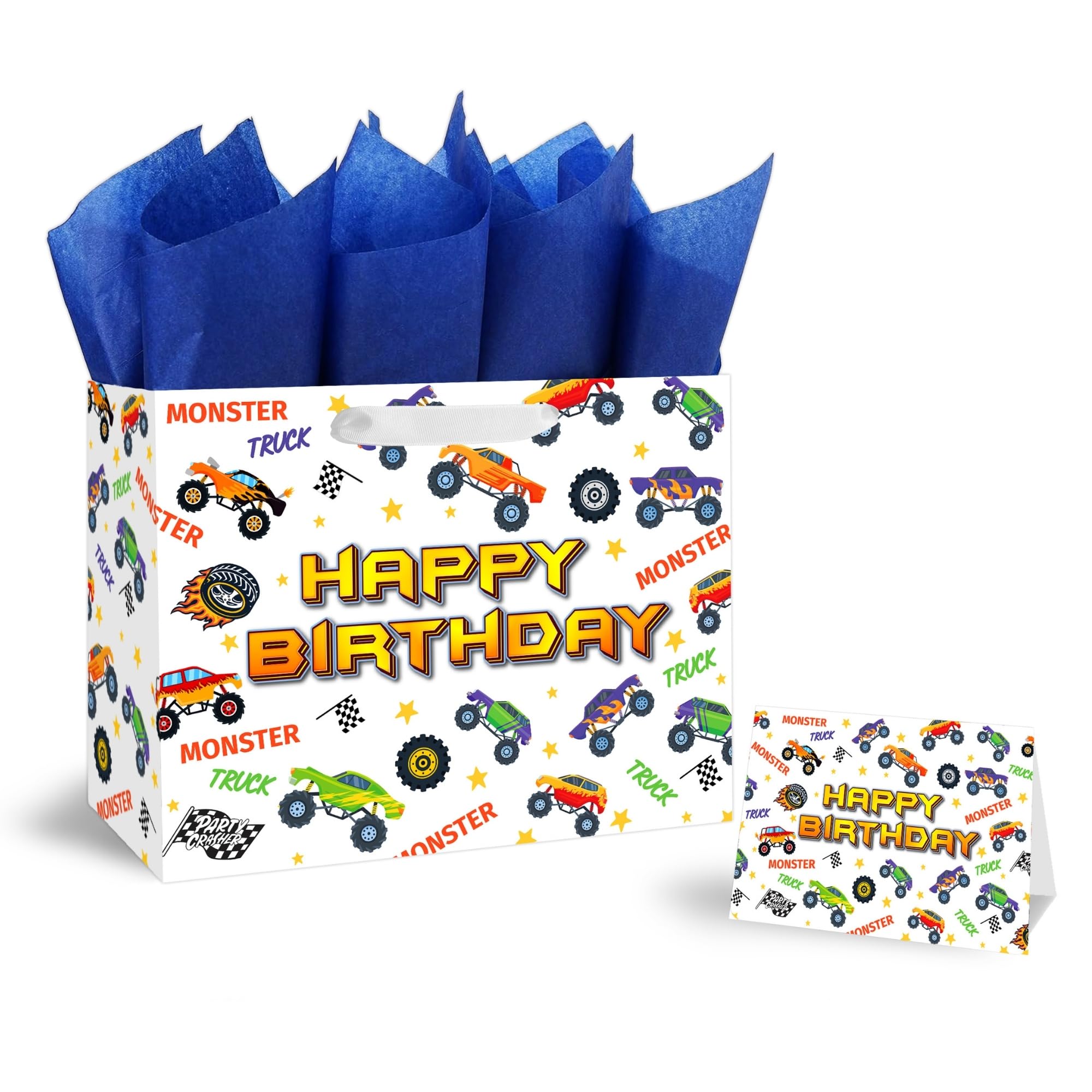 Generic Large 13"" Monster Truck Birthday Gift Bag with Handles, Card, and Tissue Paper for Boys, Car Themed