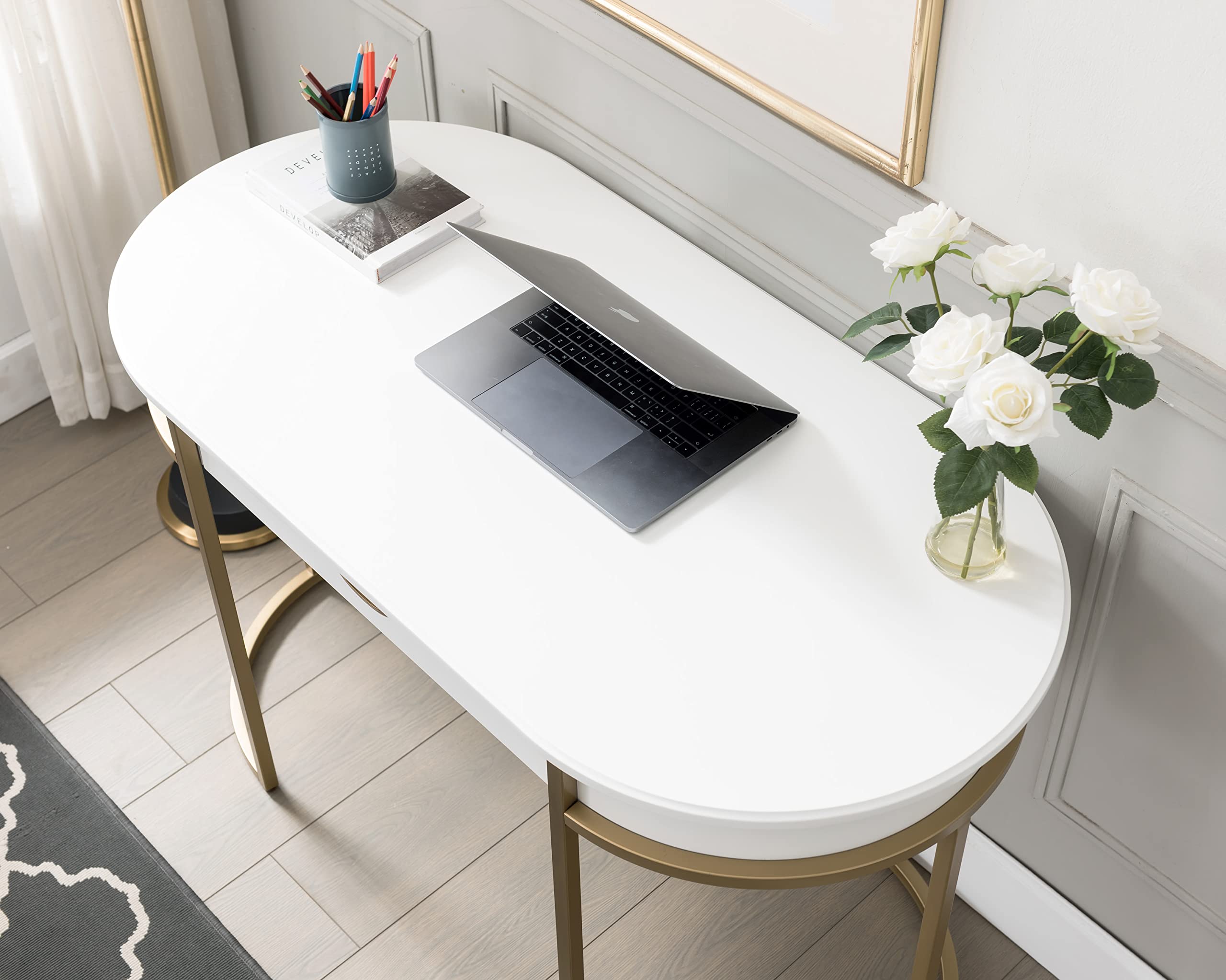 Leick Home 85405 Oval Metal Leg Desk with Drop Front Keyboard Drawer, Cottage White/Gold