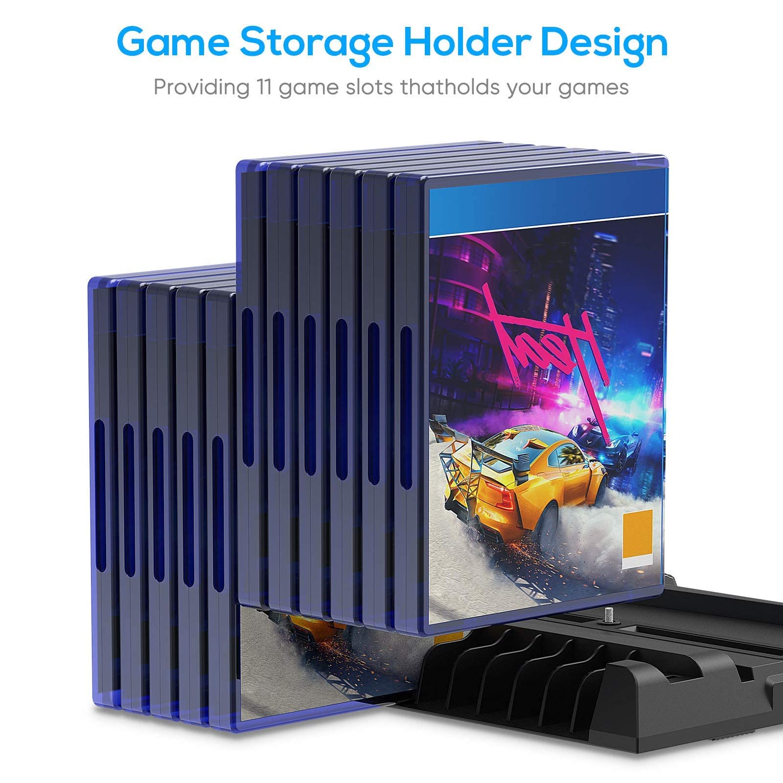 Charging Stand with Cooling Fans for PS5 Disc/Digital Edition Console, Dual Controllers Charger, Built-in 11 Game Rack Organizer