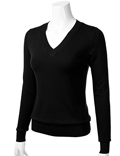 FLORIA Women's Soft Basic Thick V-Neck Pullover Long Sleeve Knit Sweater Black L
