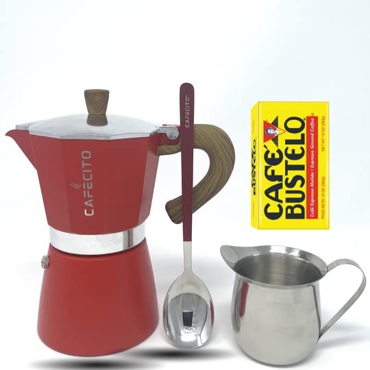 Cuban Coffee Starter Kit | Cafecito 6 Cups Moka Pot Red Set | Cafetera Cubana Stovetop Espresso Maker Red Set | Anti-Splash Valve Included