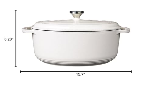 Lodge 7 Quart Enameled Cast Iron Oval Dutch Oven with Lid – Dual Handles – Oven Safe up to 500° F or on Stovetop - Use to Marinate, Cook, Bake, Refrigerate and Serve – Oyster White