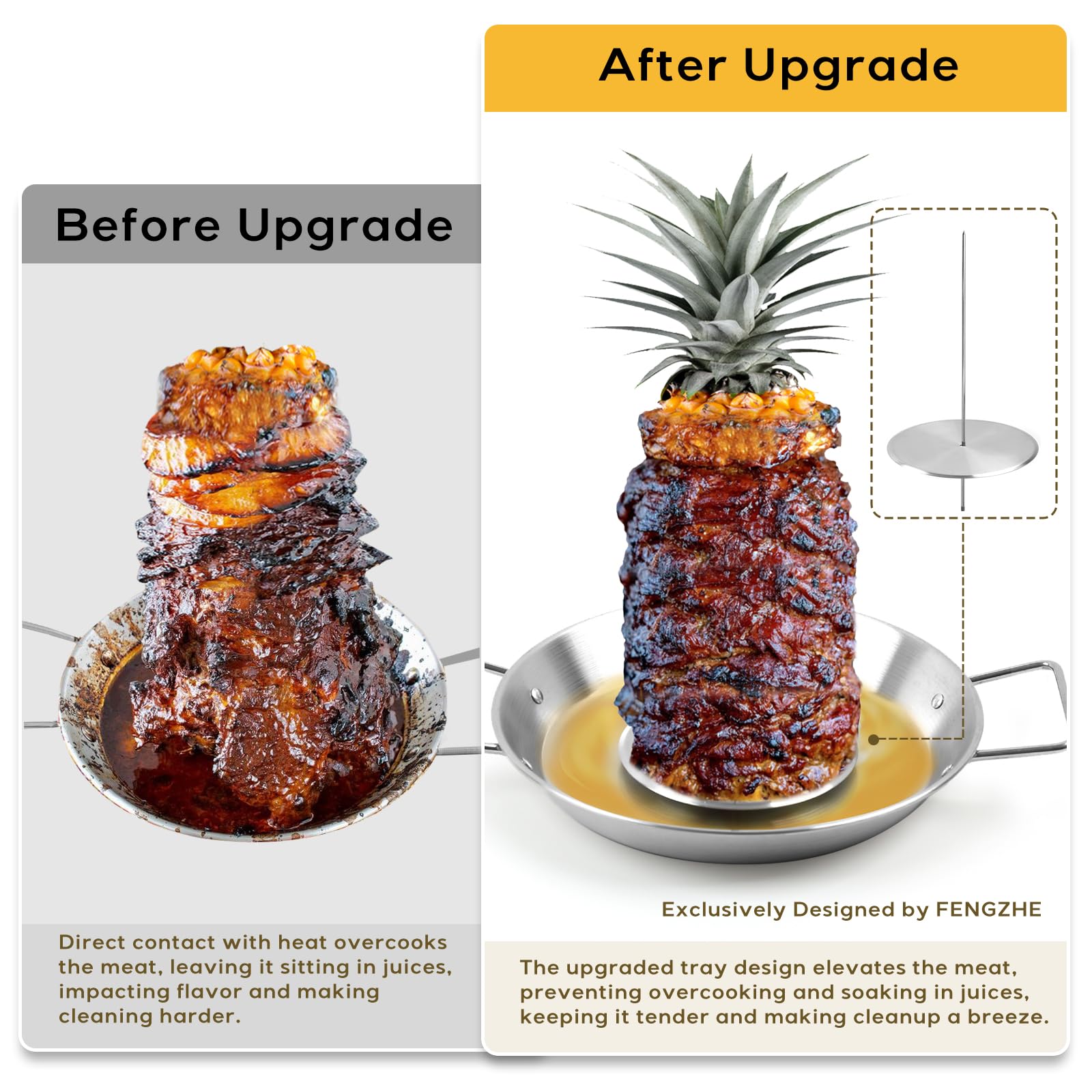Fengzhe Al Pastor Skewer for Grill, Stainless Steel Vertical Skewer, Brazilian Spit Stand with 3 Spikes,2 Brushes,Ideal for Tacos Al Pastor,Shawarma, Kebabs on Smoker, Oven,with Fat Separator Tray.