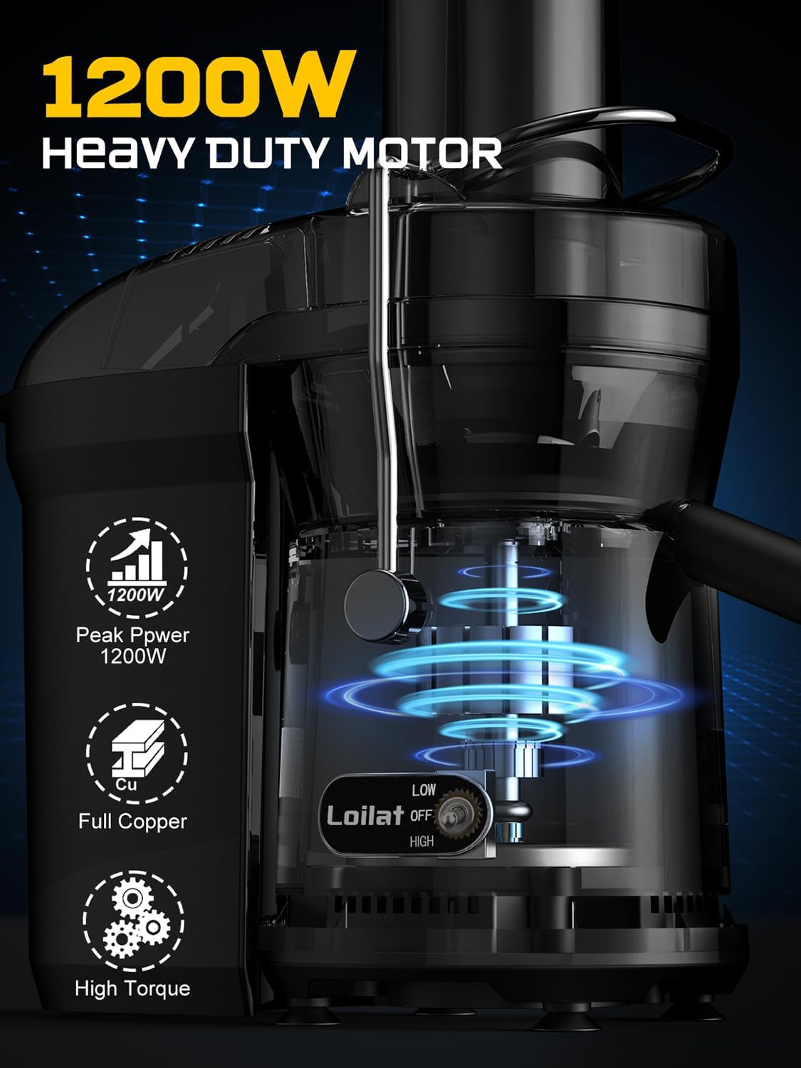 Juicer Machine, 1200W Juicer with 3" Feed Chute for Whole Fruits and Veg, Dual Speeds Centrifugal Juice Extractor, High Juice Yield, Full Copper Motor, Easy to Clean, BPA Free (Black)