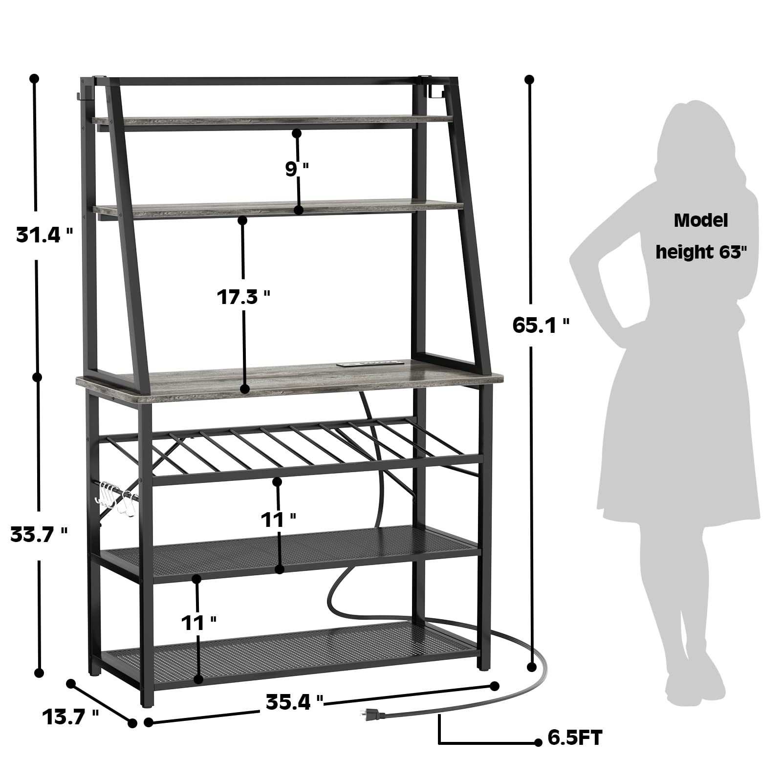 Cyclysio Bakers Rack with Power Outlet, 65.2 Inch Microwave Stands, 6 Tier Coffee Bar Station with Wine Rack, Lager Kitchen Baker Rack with Storage and 8 Hooks, Tall Kitchen Stand with Hutch, Grey