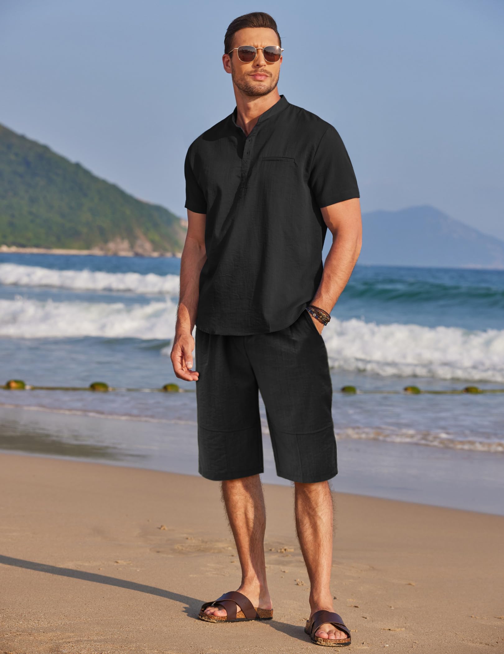 COOFANDY Men's 2 Piece Linen Set Short Sleeve Henley Shirts and Shorts Summer Beach Yoga Pants Set