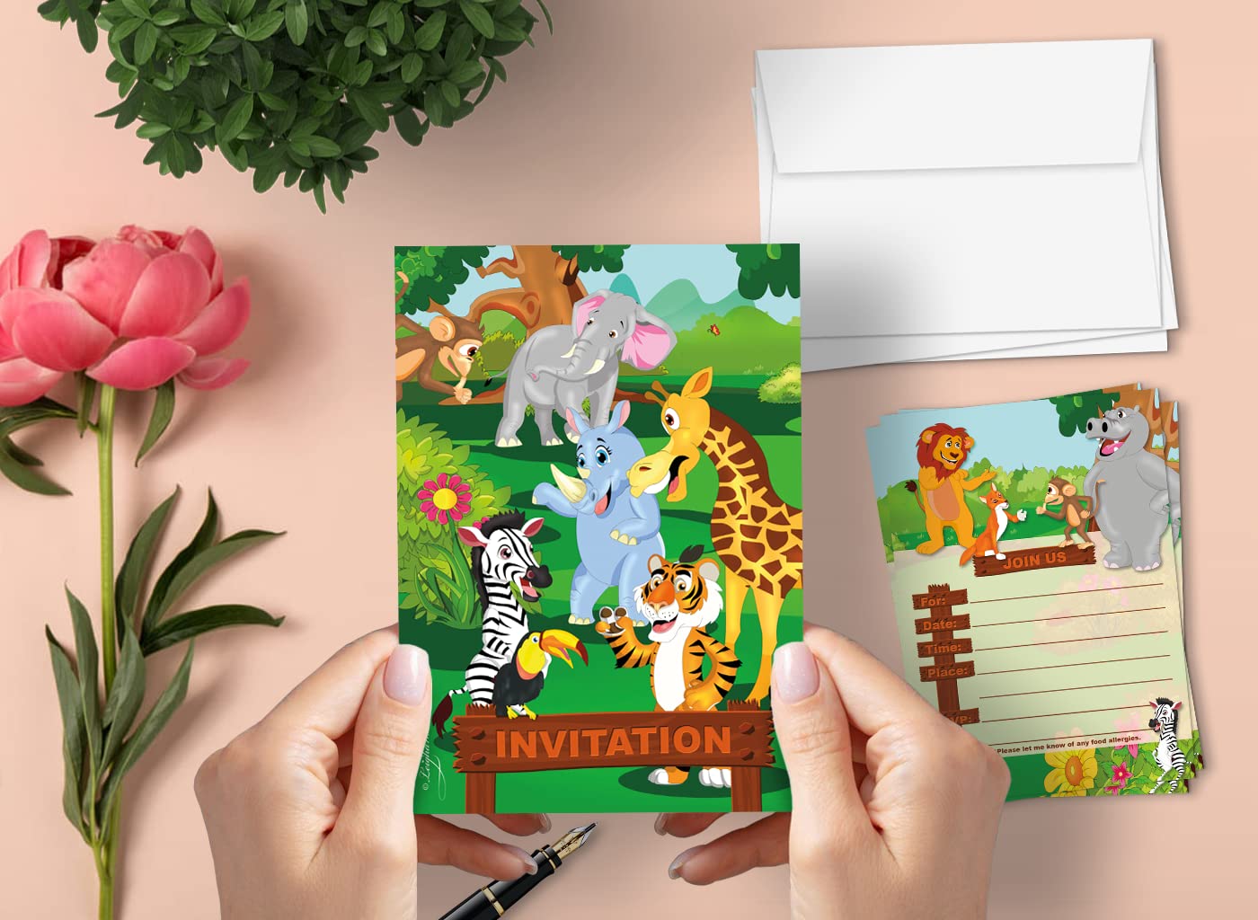 Leigha Marina Jungle Animals Party Invitation Cards for Kids, 20 Invites & 20 Envelopes - Fill in the Blank Greeting Notes - Multi-Use, Birthday, Themed Celebration