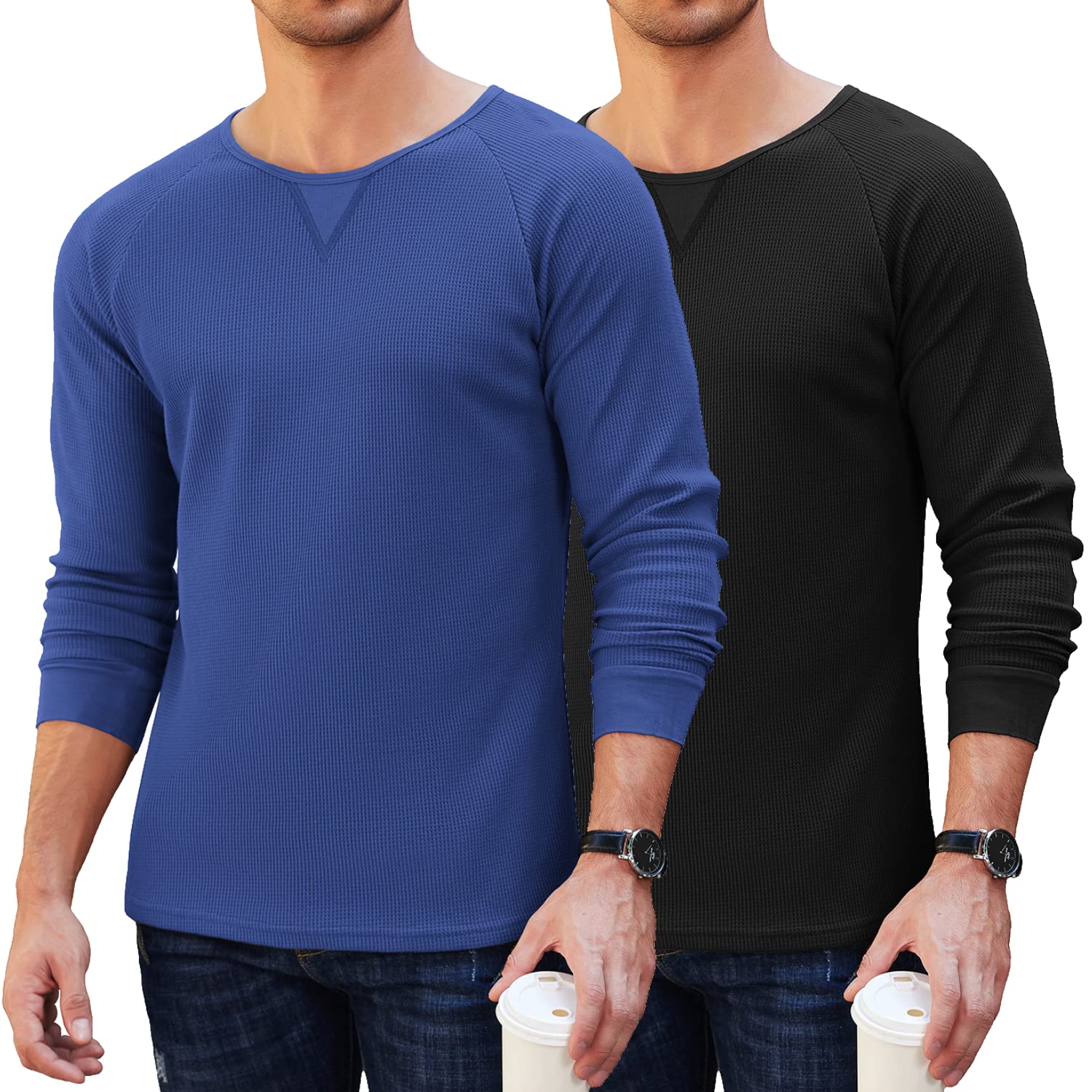 COOFANDY Men's 2 Pack Waffle Shirts Long Sleeve T Shirts Casual Crew Neck Knit Pullover Tops