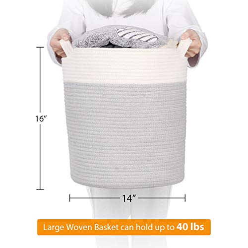 Syeeiex Rope Basket, 14''x 14''x 16'' Blanket Basket Woven Baskets for Storage, Tall Rope Baskets, Basket for Baby Toys, Clothes, Towels, Pillows, White & Grey