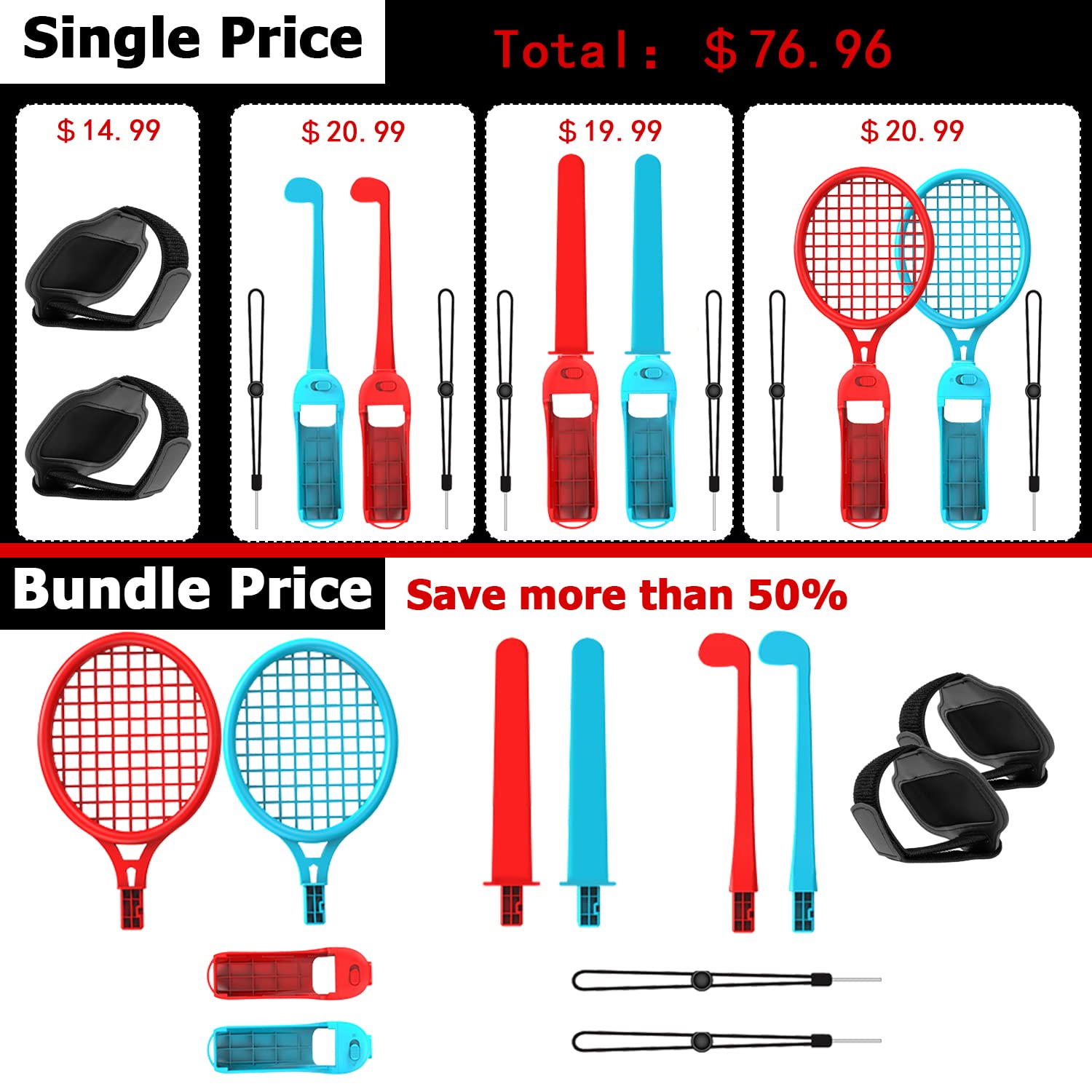 Ermorgen Switch Sports Accessories Bundle, 12 in 1 Detachable Kit for Nintendo Switch & Switch OLED, Joycon Grip for Sport Game, Leg Straps, Tennis Badminton Rackets, Golf Club and Sword Controller