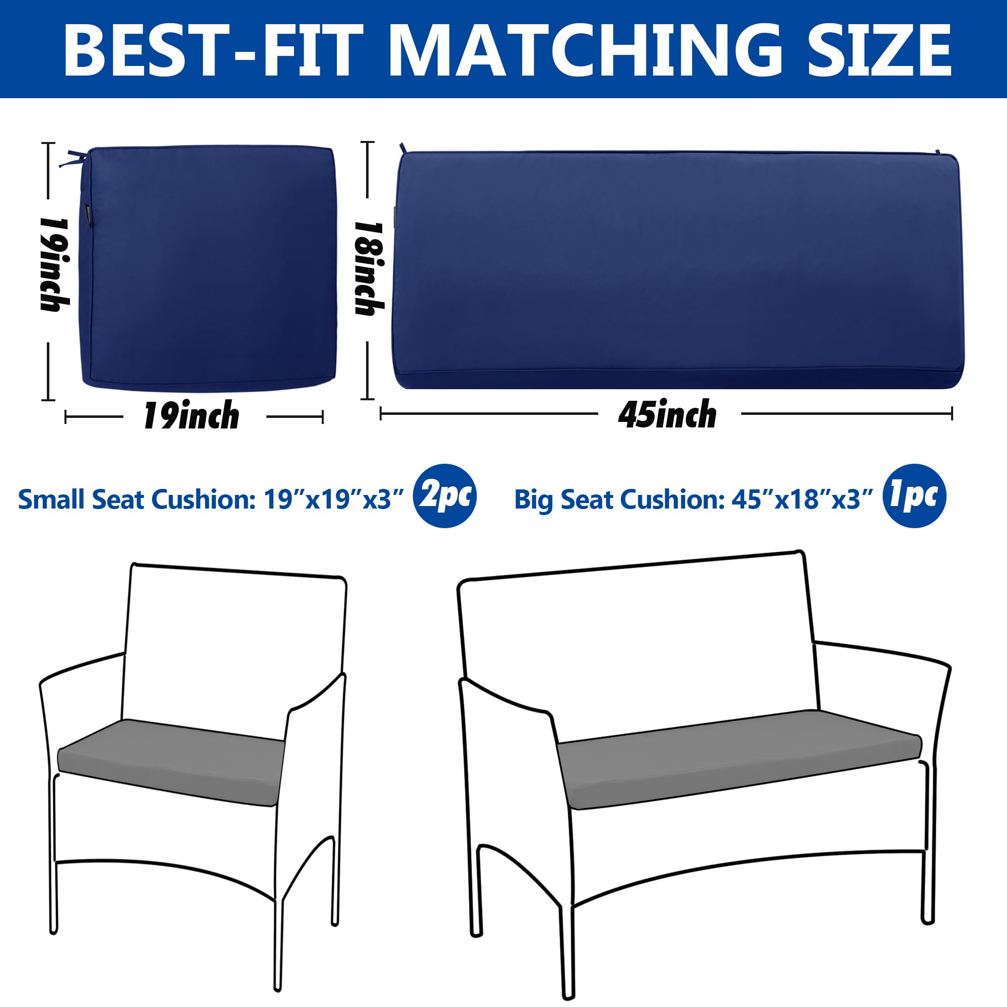 Comcaver 3 Pack Outdoor Cushions Set for Rattan Chair Wicker Sofa, Waterproof Patio Cushions Set for 4 Pieces Seater Outdoor Furniture Conversation, Navy
