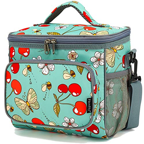 FlowFly Insulated Reusable Lunch Bag Adult Large Lunch Box for Women and Men with Adjustable Shoulder Strap,Front Zipper Pocket and Dual Large Mesh Side Pockets,Cherry