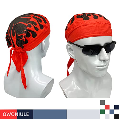Cotton Doo Rag Skull Cap Sweat Wicking Head Wraps Pirate Hat Breathable Helmet Liner Flame Beanie Dew Rags for Men and Women (Skull and Flame)