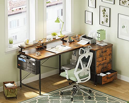 ODK 55 inch L Shaped Computer Desk with USB Charging Port & Power Outlet, L-Shaped Corner Desk with 4 Tier Drawer & Monitor Shelf for Home Office Workstation, Modern Style Writing Table, Vintage
