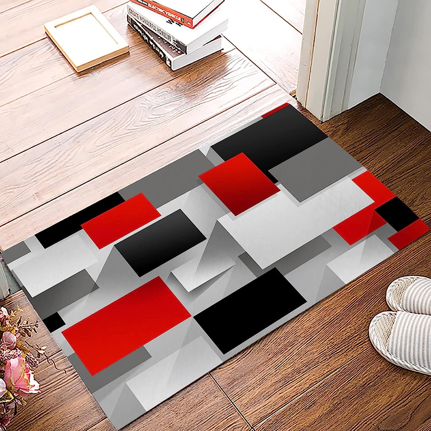 Door Mat for Bedroom Decor, White Grey Black Red Modern Abstract Art Geometric Floor Mats, Holiday Rugs for Living Room, Absorbent Non-Slip Bathroom Rugs Home Decor Kitchen Mat Area Rug 18x30 Inch