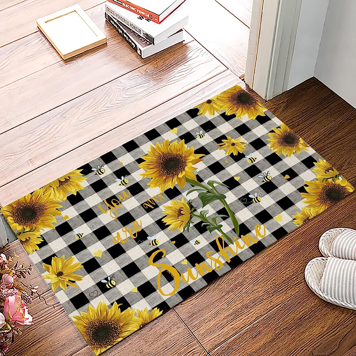Door Mat for Bedroom Decor, Rustic Sunflowers Farm Honey Bees You My Sunshine Black Plaid Floor Mats, Absorbent Rugs for Living Room, Non-Slip Bathroom Rugs Home Decor Kitchen Mat Area Rug 18x30 Inch