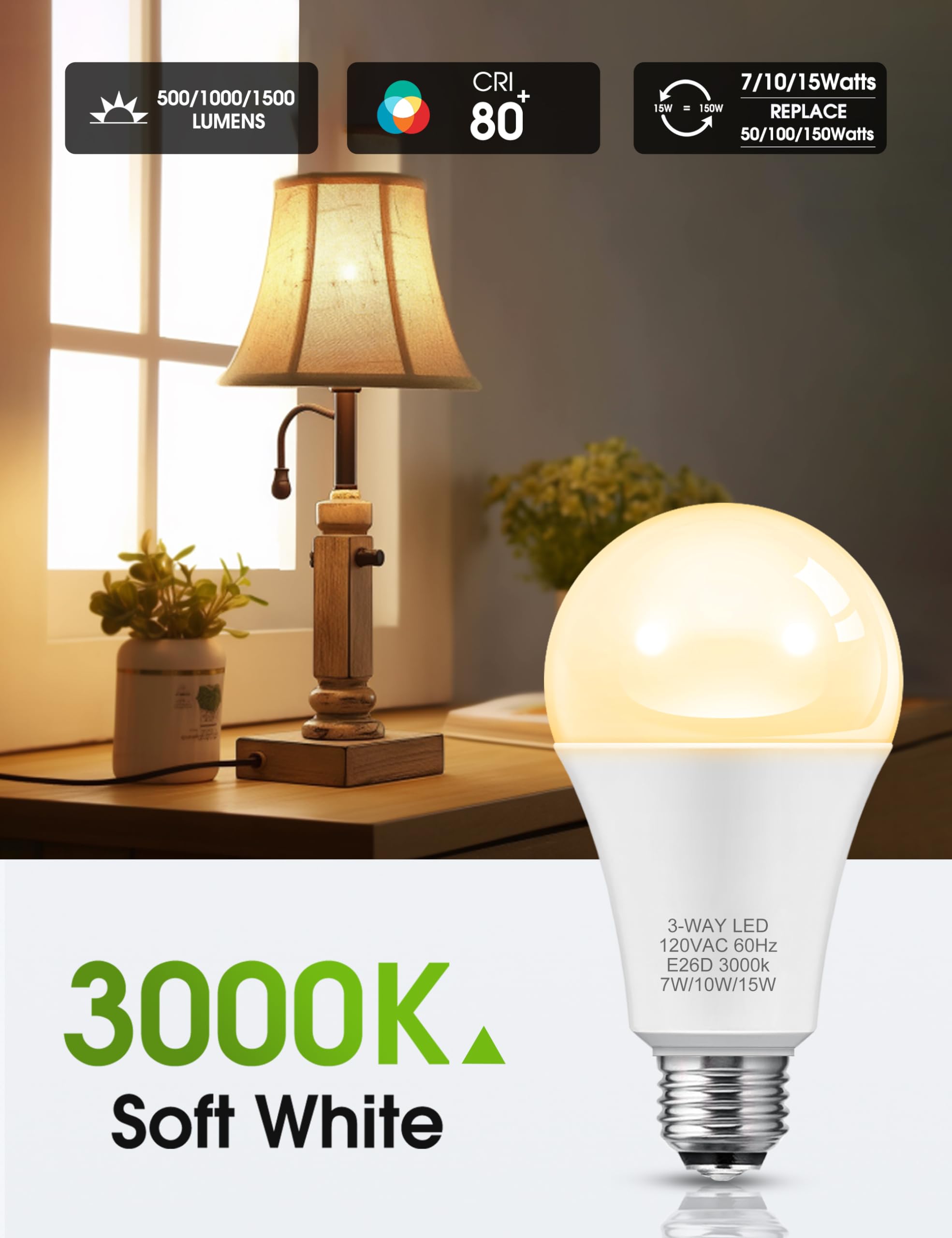 LOHAS 3 Way LED Light Bulbs 50/100/150W Equivalent, 3-Way LED Bulbs Soft White 3000K, Dimmable A19 LED Light Bulb E26 Base for Bedroom, Kitchen, Living Room, 2 Pack