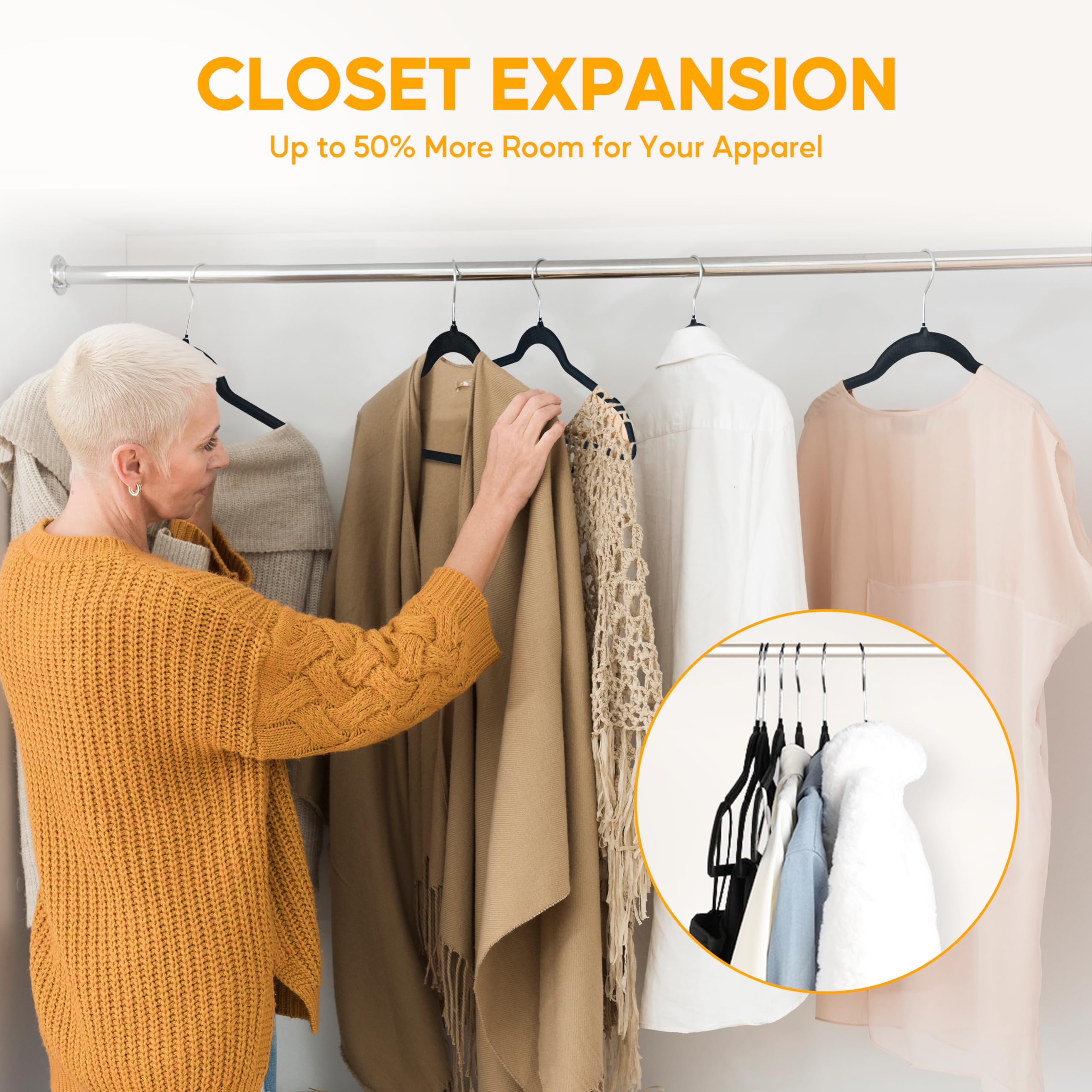 HealSmart 50 Pack Heavy Duty Velvet Hangers, Non-Slip Flocked Felt Hangers with Shoulder Notches, Hangers for Coats, Pants and Dress Clothes, Black