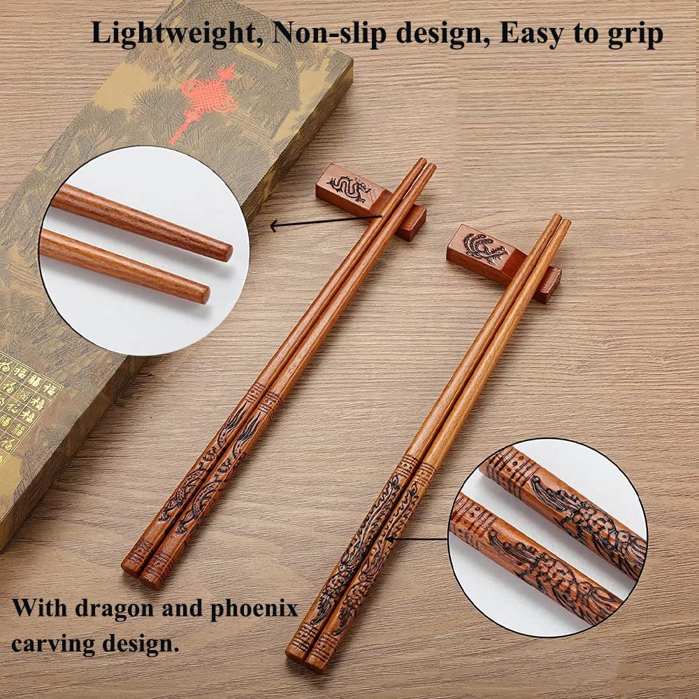 Chopsticks Reusable- Chinese Style Chopsticks, Dragon and Phoenix Chopsticks Set with Holder and Carrying Bag, Natural Wooden Chopstick Gift Set (2 Pairs)