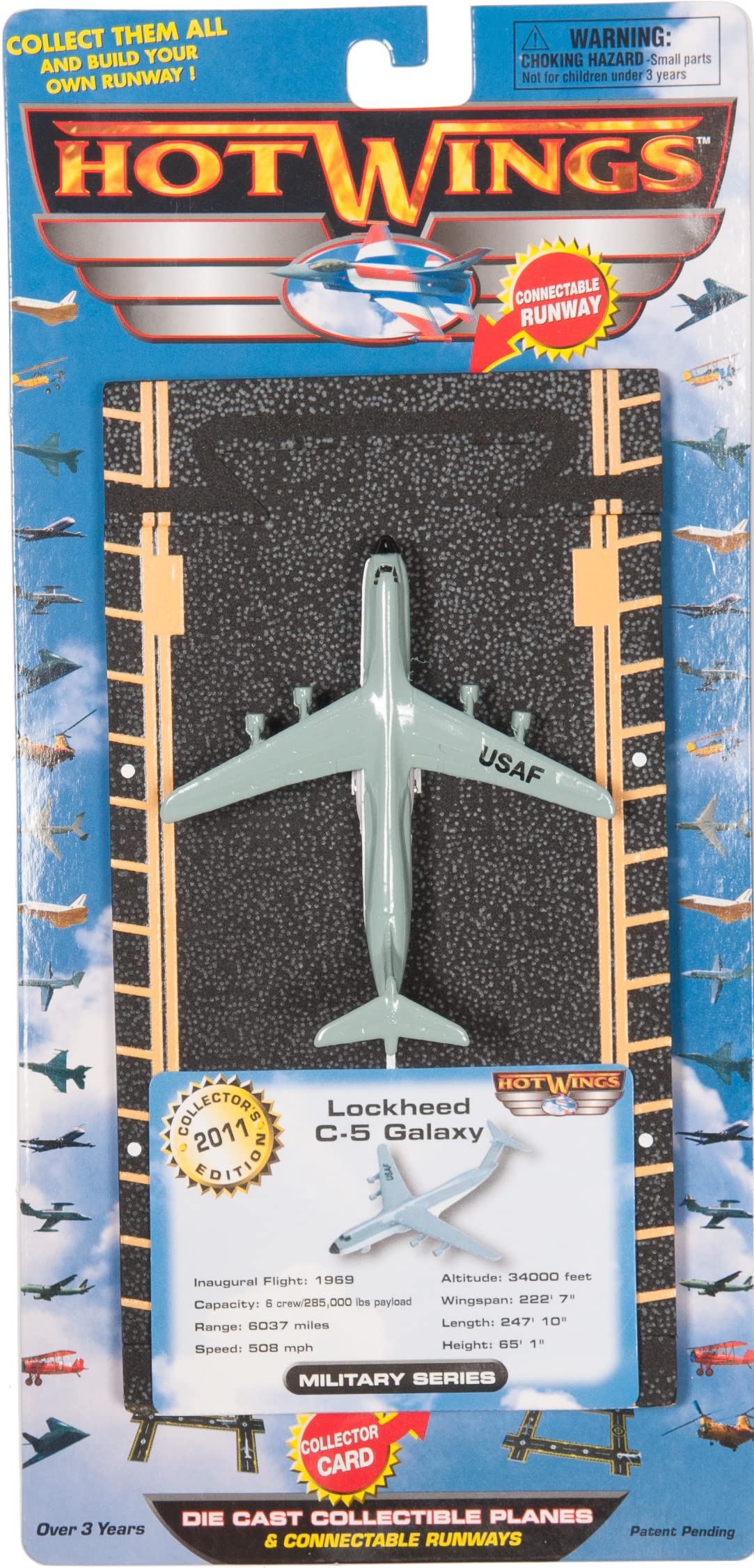 Hot Wings Planes C-5 Galaxy with Connectible Runway Die Cast Plane,Green