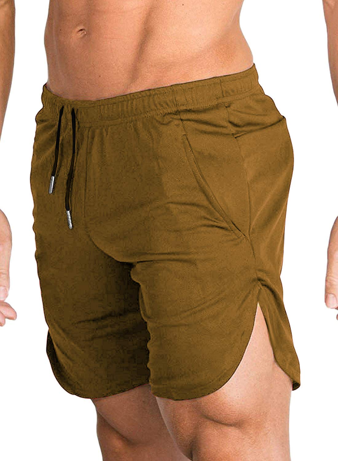 Coofandy Mens Gym Workout Shorts 7 inch Quick Dry Weightlifting Squatting Pants Training Bodybuilding Jogger with Pocket Dark Khaki