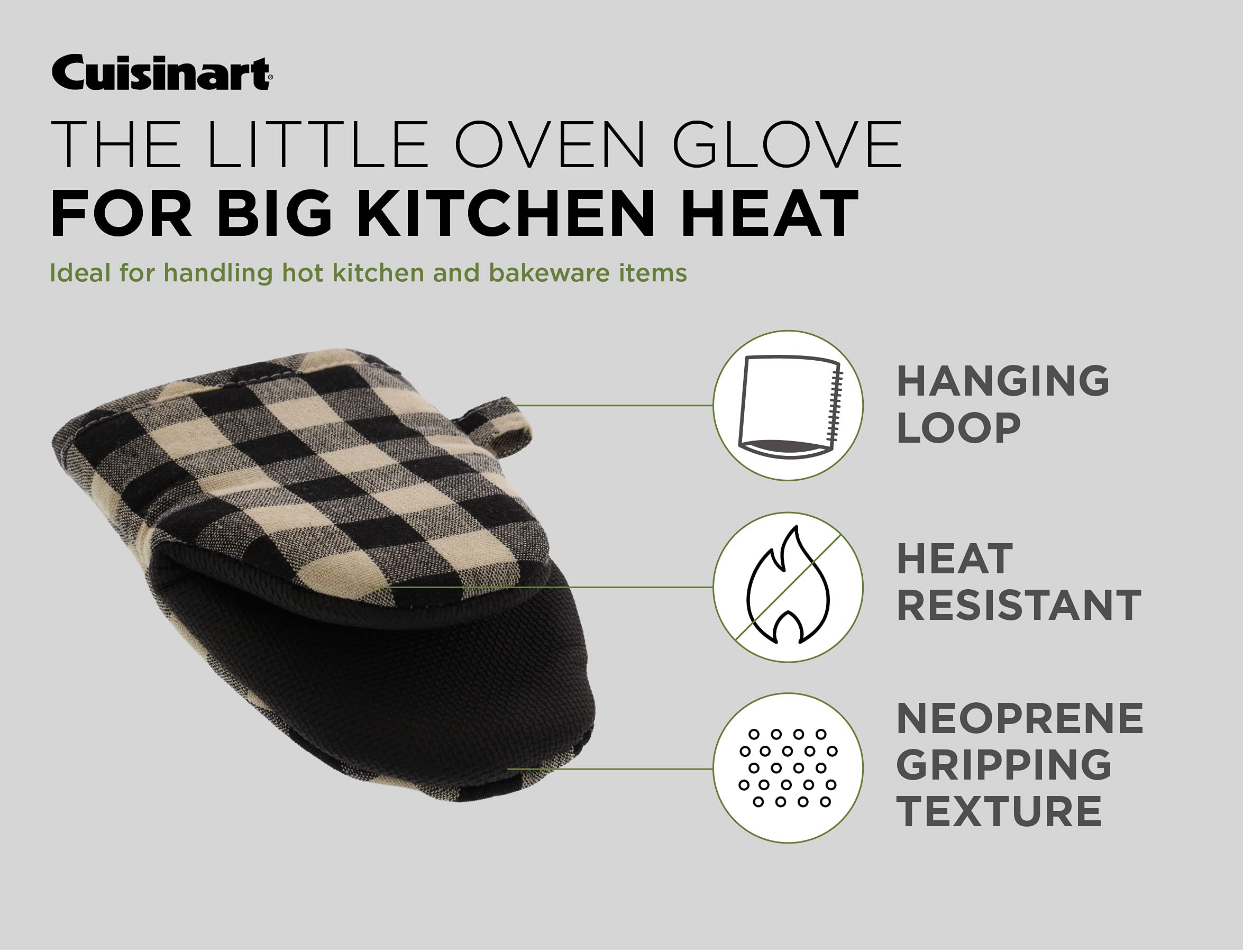 Cuisinart Buffalo Check Mini Oven Mitts - 2 Pack, Black and Ivory Plaid Design - Handle Hot Kitchen Items Safely - Non-Slip Grip Mini Oven Gloves with Insulated Pockets - 5.5 x 7.25 Inches