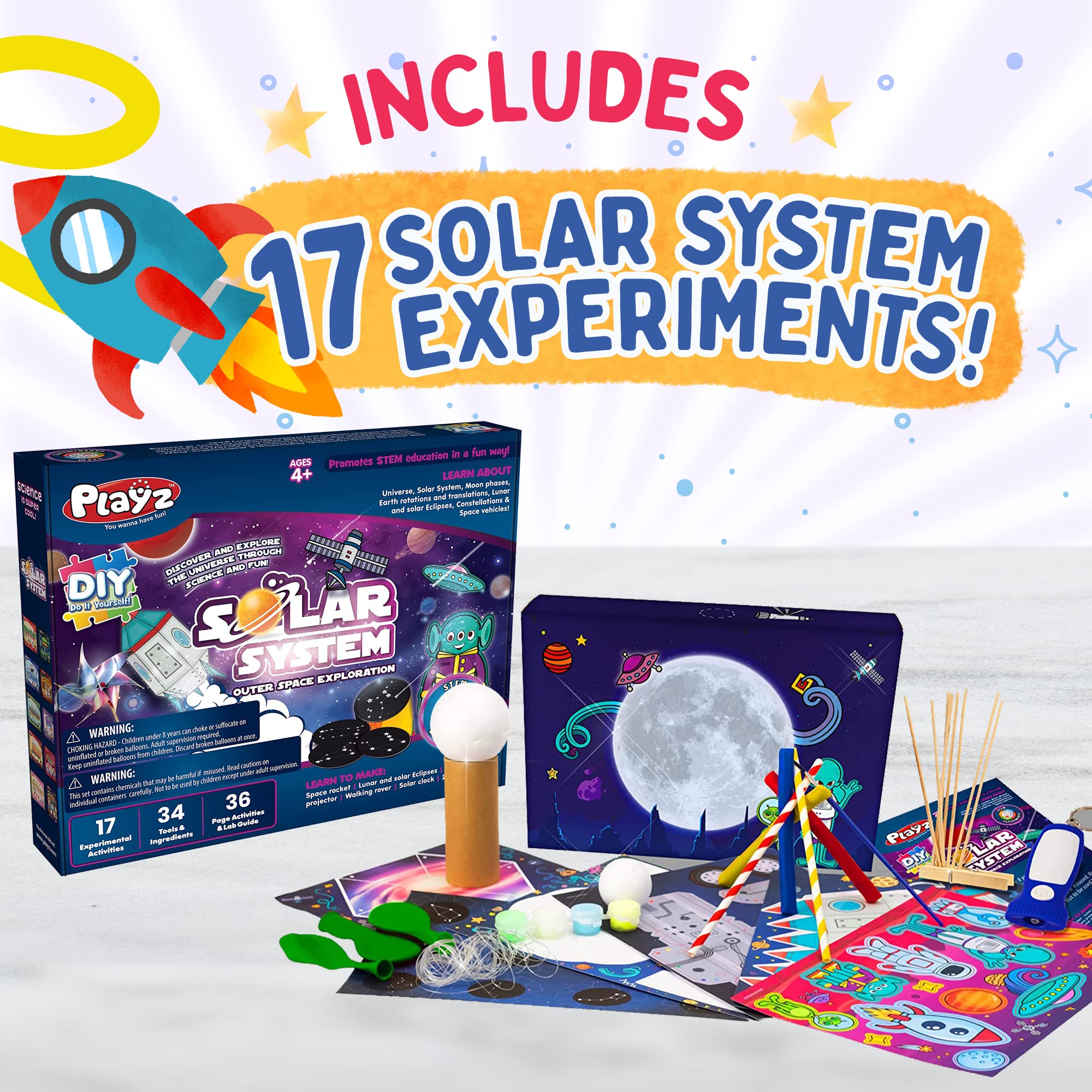 Playz Solar System for Kids Exploration Kit - 17 Outer Space STEM Experiments & Science Toys for Kids Ages 4-12 - Make DIY Rockets, Eclipse, Constellation Projector, 2D Solar System Model, Planet Toys