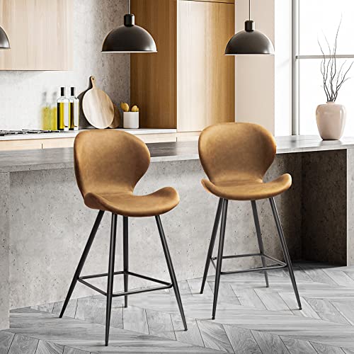 KithKasa Counter Height Bar Stools Set of 2 with Back, Mid Century Modern PU Leather 26" Kitchen Island Barstools with Metal Legs for Dining Room Kitchen Counter Pub Brown