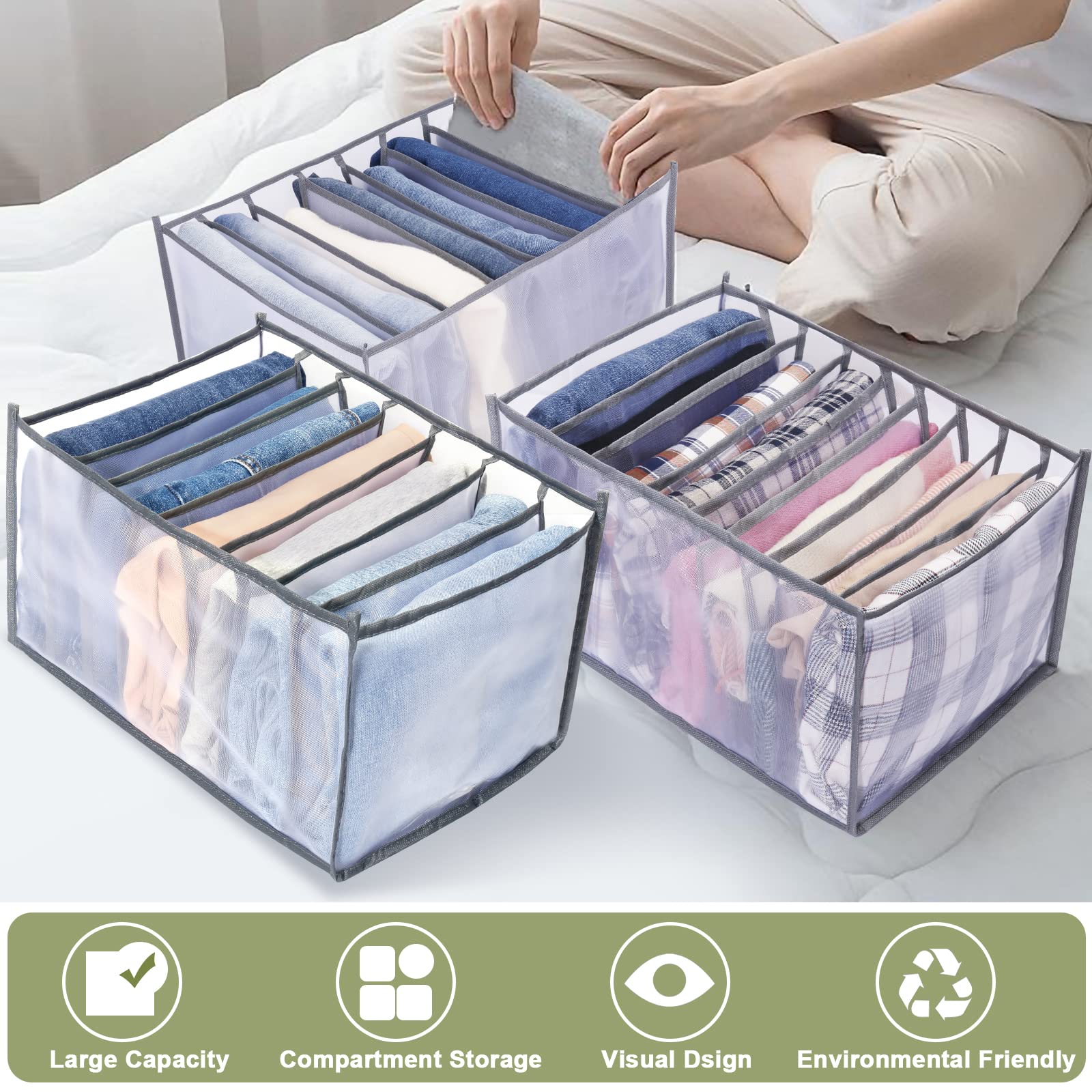 Topcci 7 Grids Wardrobe Clothes Organizer, Clothes Organizer for Folded Clothes, Drawer Organizers Clothes, Visualization Compartment Storage Box for Thin Jeans, Pants, T-shirts, Leggings, Gray, 3PCS
