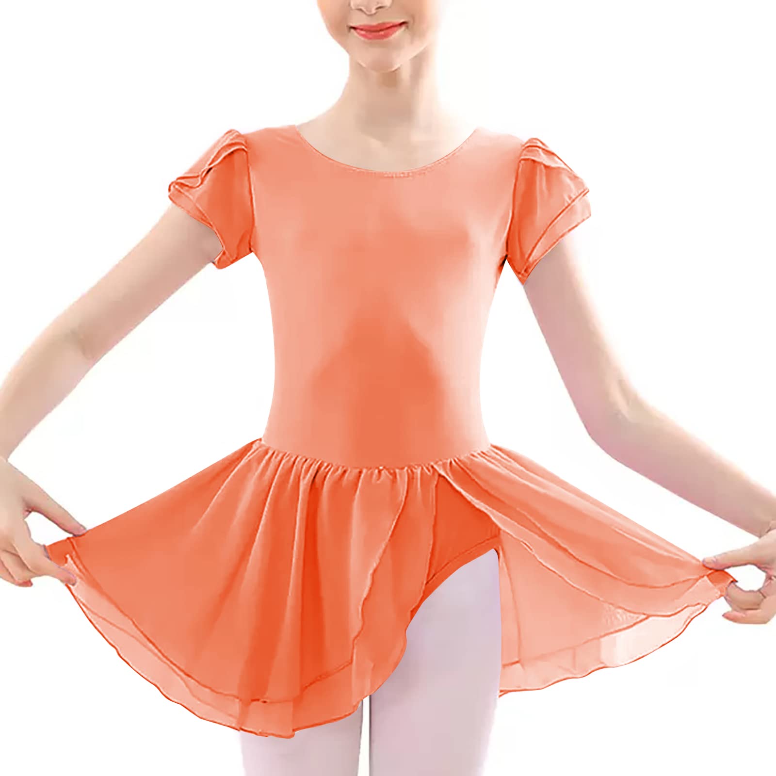 Coutgo Orange Dance Leotard for Girls Ruffle Sleeve Ballet Leotards Dancewear with Tutu