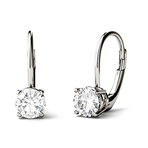 Charles & Colvard Created Moissanite 5mm Round Cut Leverback Drop Earrings for Women | 1 cttw DEW | Lab Grown | Solid 14K White Gold with Rhodium