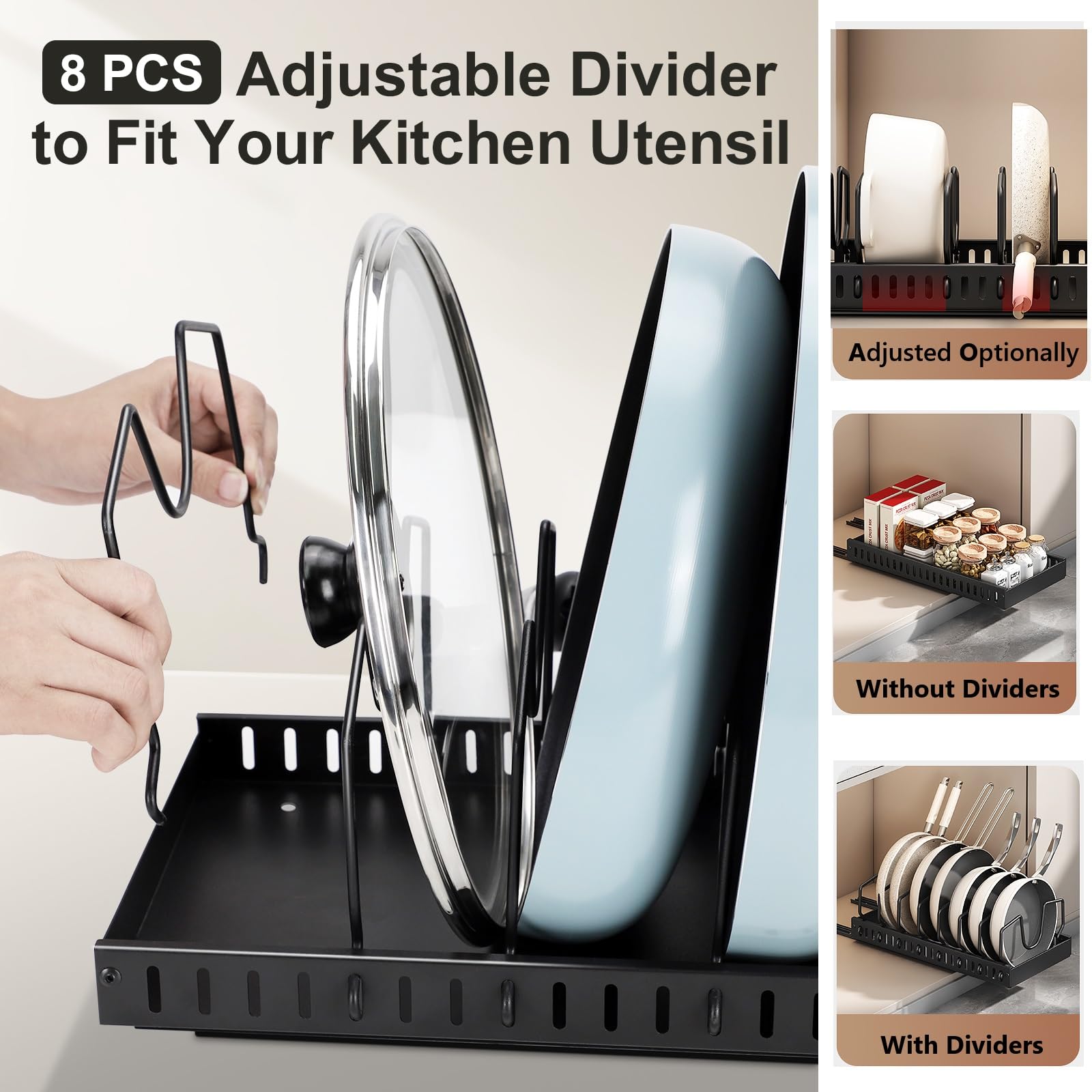 HOTEC Pull Out Pots and Pans Organizer for Kitchen Cabinets β Versatile Under-Cabinet or In-Cabinet Pot Lid and Pan Rack with 8 Adjustable Dividers, Adhesive Nano Strip/Screw Installation