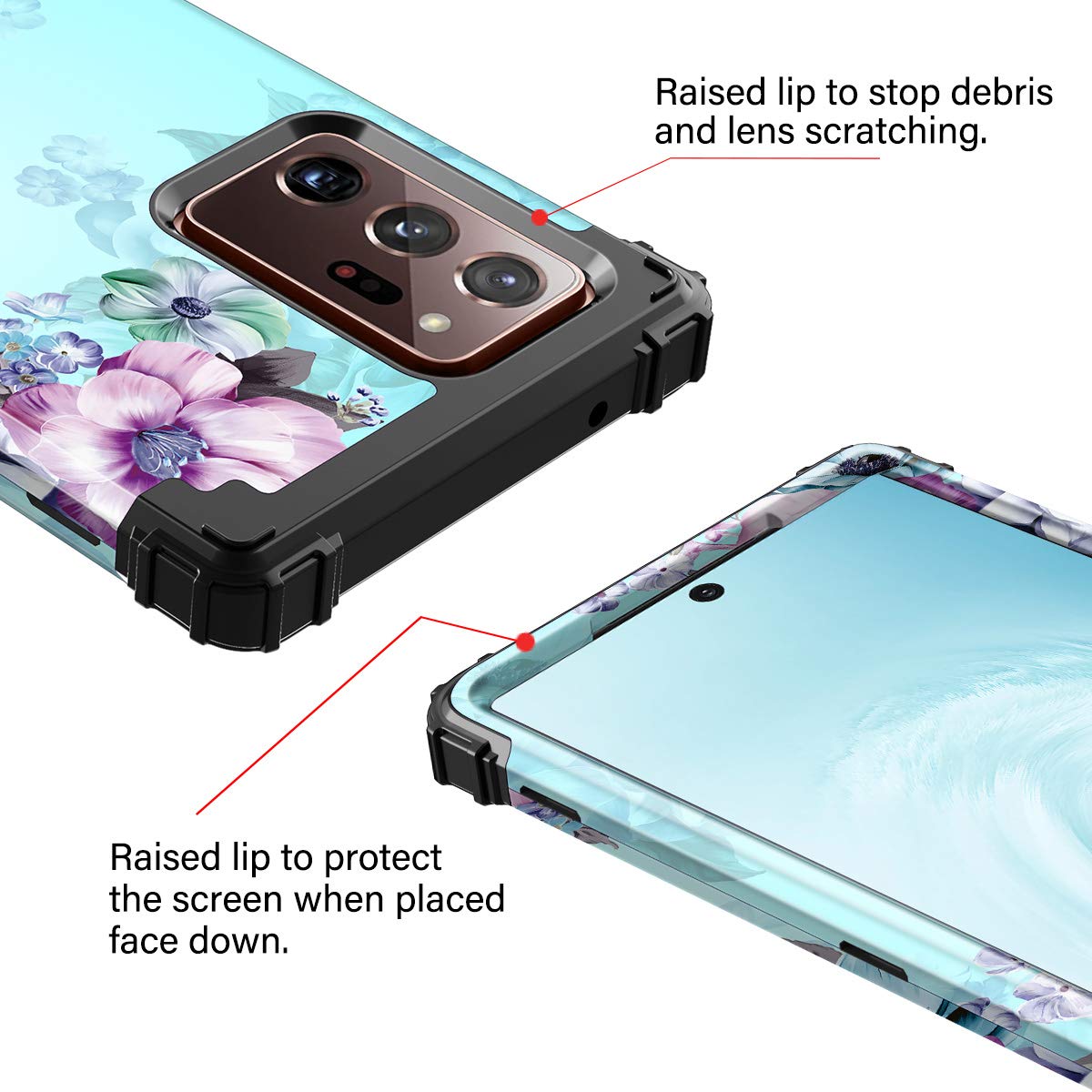 Casetego Compatible with Galaxy Note 20 Ultra Case,Floral Three Layer Heavy Duty Hybrid Sturdy Shockproof Full Body Protective Cover Case for Samsung Galaxy Note 20 Ultra 6.9 inch,Blue Flower