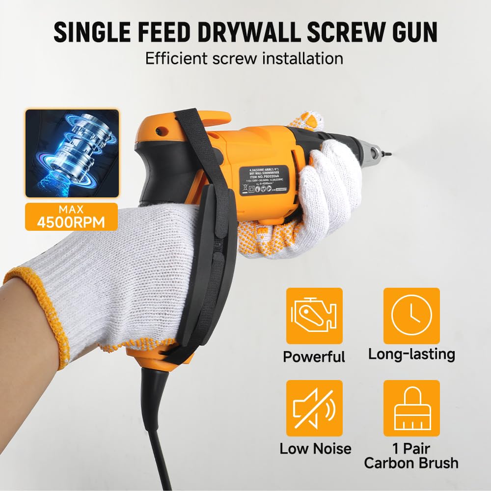 Hoteche 4.5-Amp Drywall Screw Gun, Electric Screwdriver with Variable Speed 0-4500 RPM, 1/4" Chuck, Forward & Reverse Switch