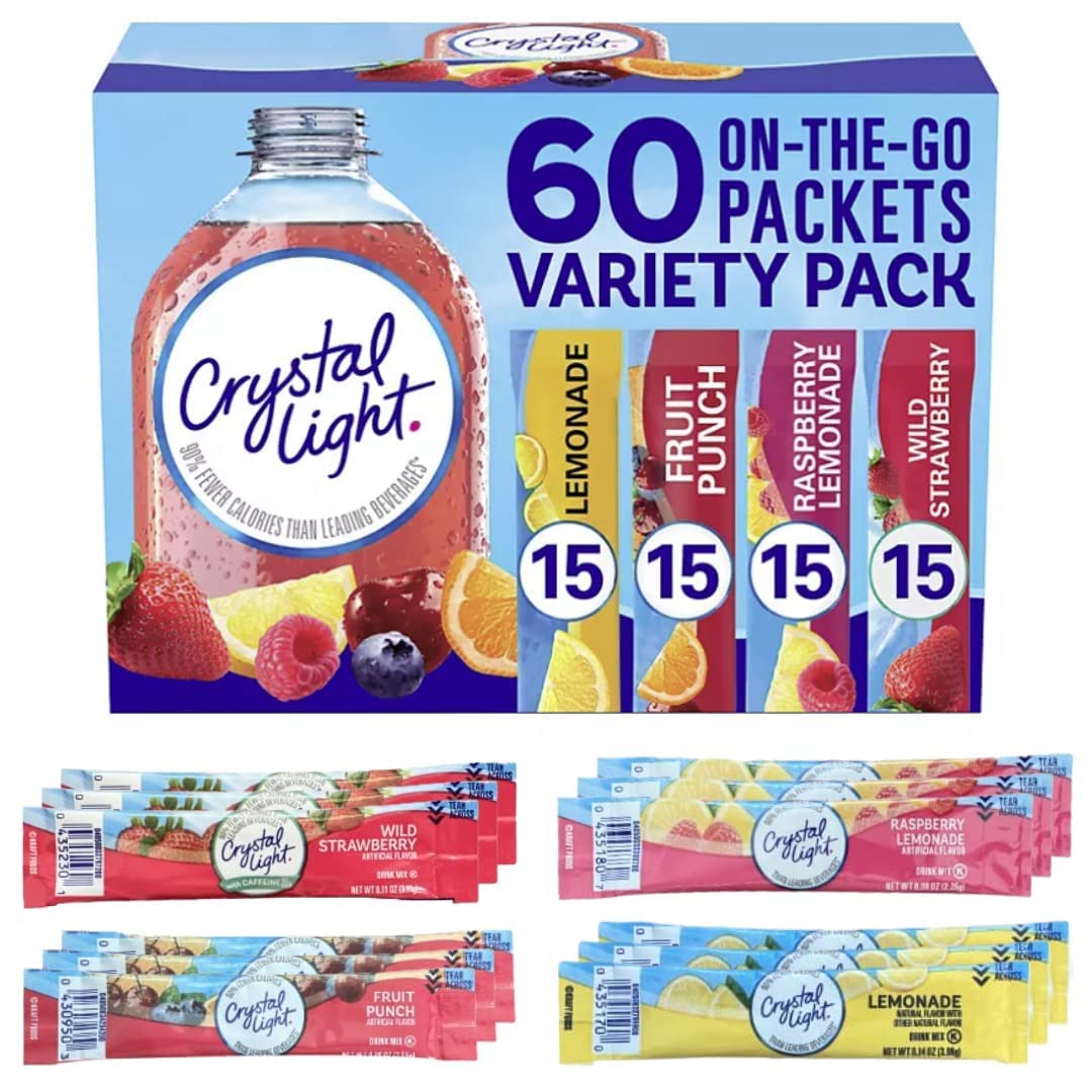 Crystal Light On-The-Go Powdered Drink Mix Variety Pack - lemonade, fruit punch, raspberry lemonade & wild strawberry (60 Count)
