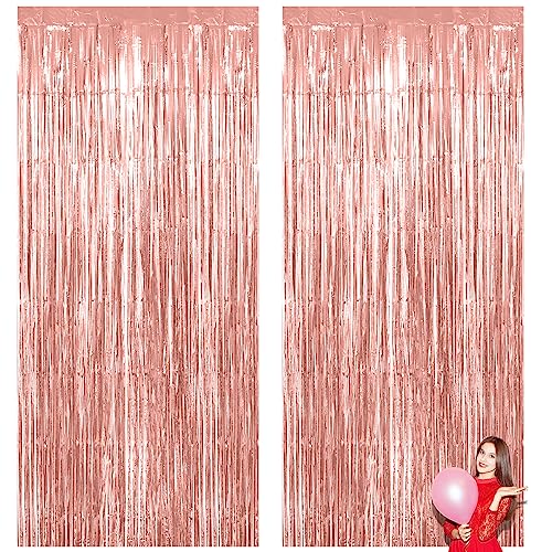 Fringe Backdrop Tinsel Curtain Backdrop 2 Pack 3.3 x 9.9 ft Foil Fringe Curtains Rose Gold Backdrop Streamers Tinsel Backdrop Curtain Photo Backdrop Curtain for Rose Gold Birthday Party Decorations