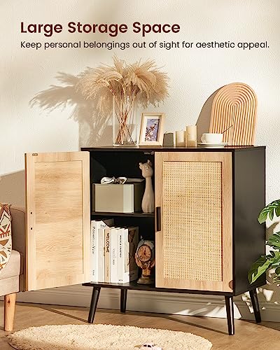 Iwell Boho Sideboard Buffet Cabinet, Kitchen Storage Cabinet with Natural Rattan Door & 2 Adjustable Shelves, Rattan Cabinet, Accent Cabinet for Living Room, Kitchen, Entryway, Black
