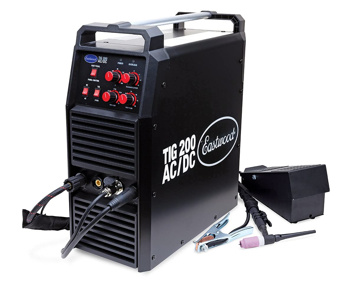 Eastwood AC/DC TIG Welder System | 1/4 Inch Thick Welding Capacity | Duty cycle of 60% at 190 Amps | 110 & 220V Dual Voltage TIG Welding with Rocker Style Foot Pedal | Black