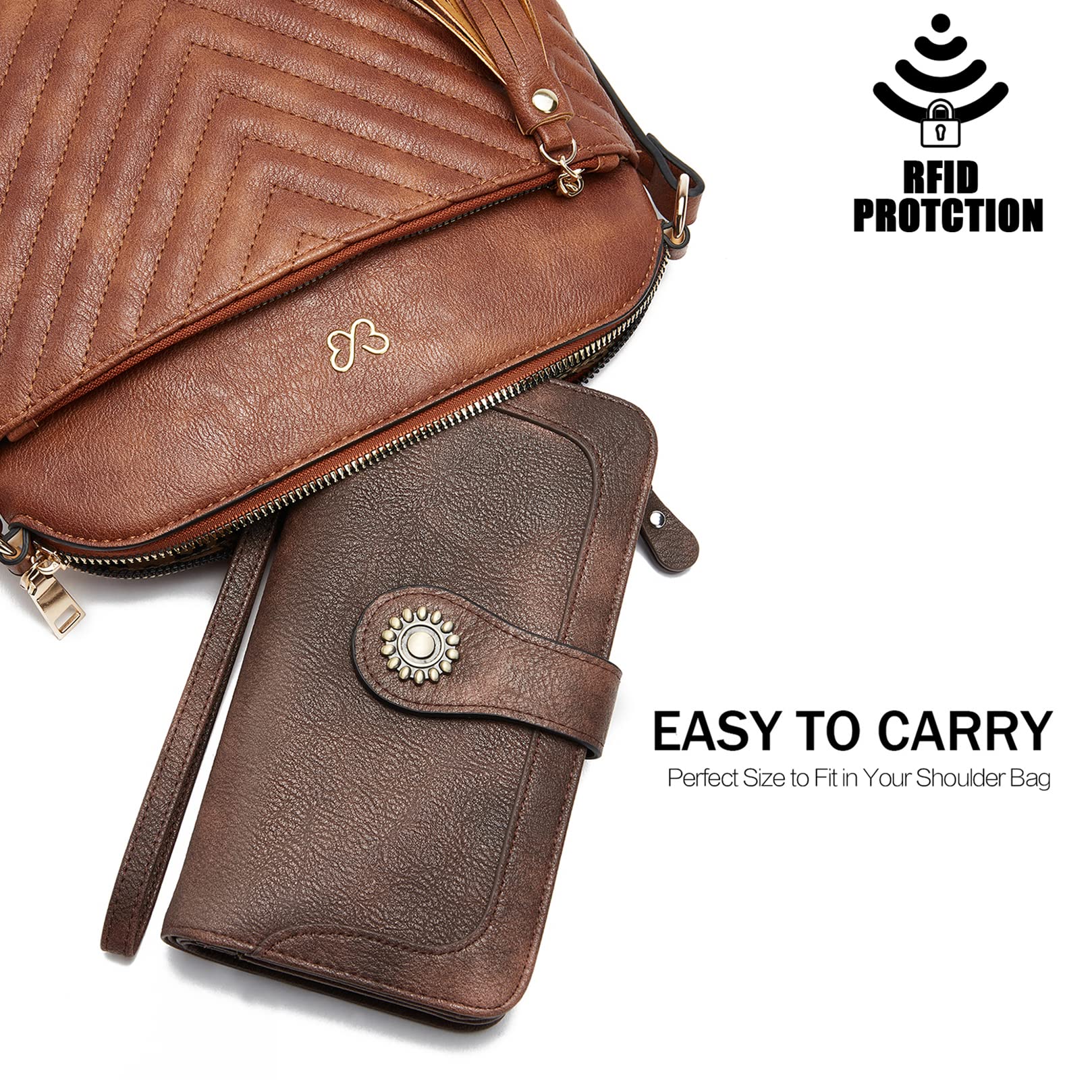 Telena Womens Wristlet Wallets Leather Large Trifold Clutch Purse Credit Card Holder Coffee