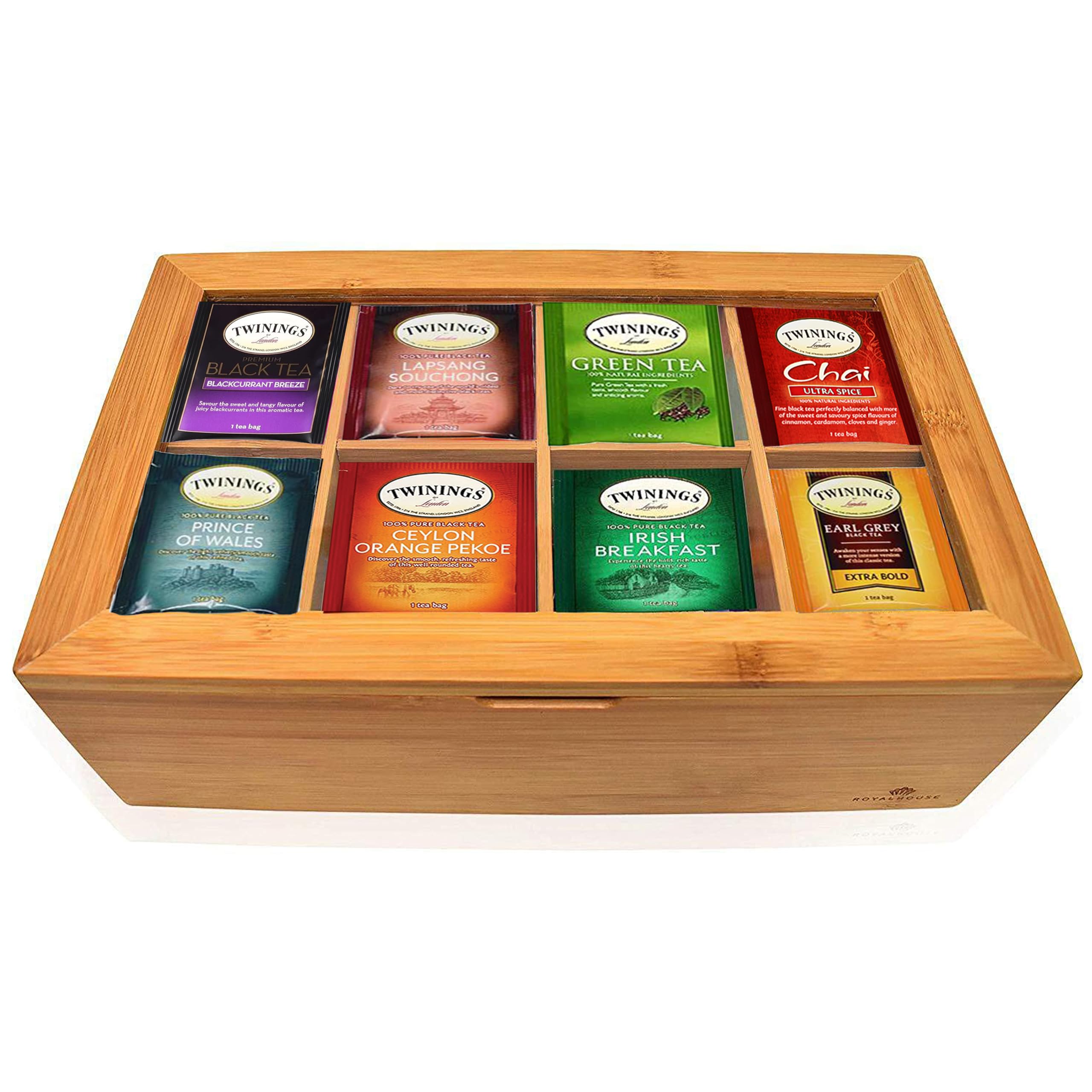 Eva's Gift Universe, Twinings Tea Bags Sampler Assortment in Bamboo Gift Box (70 Count) 14 Flavors Gifts for Women Men Parents Family Friends Coworkers Perfect Variety Pack Tea Bag Organizer