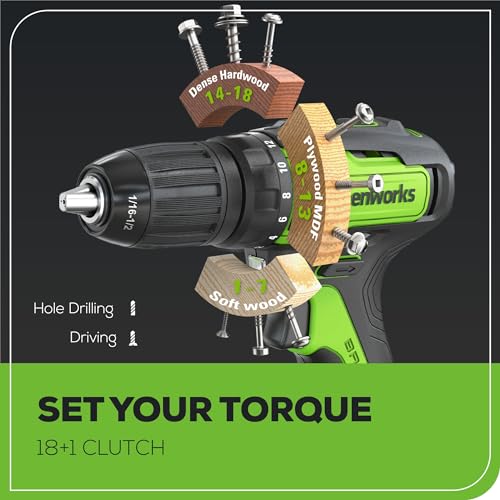 Greenworks 24V Brushless Cordless Drill Kit, 310 in./lbs, 18+1 Position Clutch, 1/2 '' Keyless Chuck, Variable Speed, (2)2Ah Batteries with 2A Charger, LED Light, 8pcs Drill Bits with Tool Bag