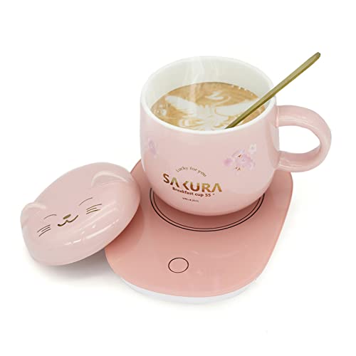 Coffee Warmer with Mug Set,Cute Cat Mug Set Beverage Cup Warmer for Desk Kawaii Mug Birthday Gifts for Women Smart Coffee Mug Warmer Candle Warmer Plate Sister Best Birthday Gift Boxes for Women Pink