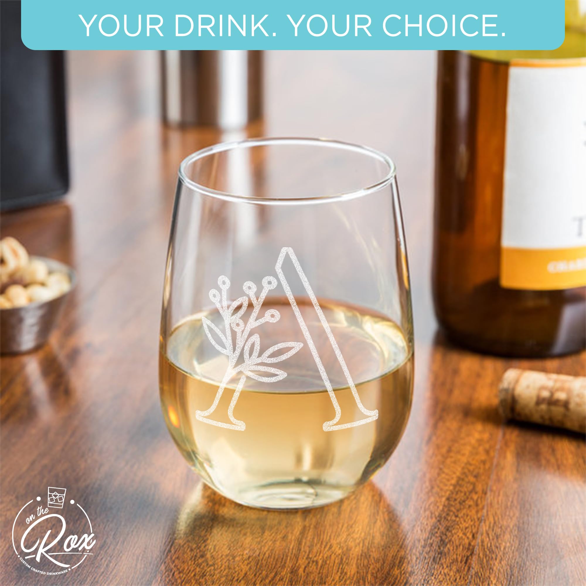 On The Rox Drinks Monogrammed Gifts For Women and Men - Letter A-Z Initial Engraved Monogram Stemless Wine Glass - 17 Oz Personalized Wine Gifts For Women and Men (A)