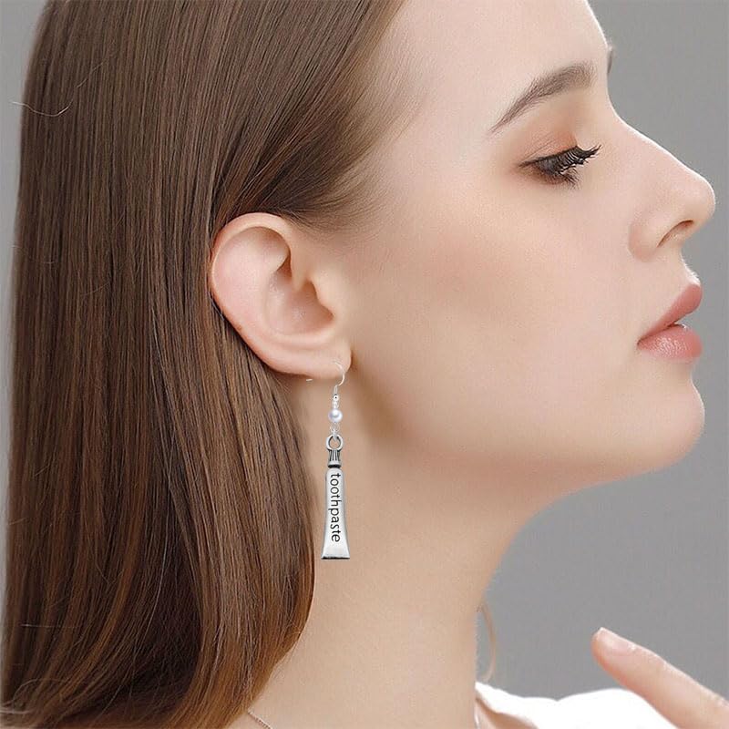 Dreuyet Toothbrush and Toothpaste Pearl Earrings for Women Dental Teeth Tools Dangle Drop Tooth Earrings