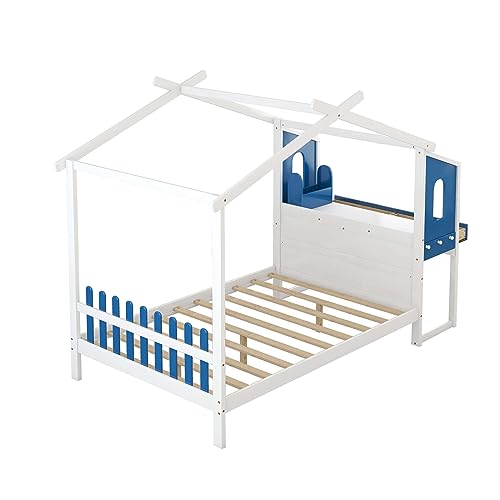 Heliosphere Full Size Platform Bed Frame with Built-in Desk and 2 Drawers, Storage Bed Frame with Separate Storage Pen Case, House Shaped Platform Bed, Solid Wood Bed Frame for Kids Teens Bedroom