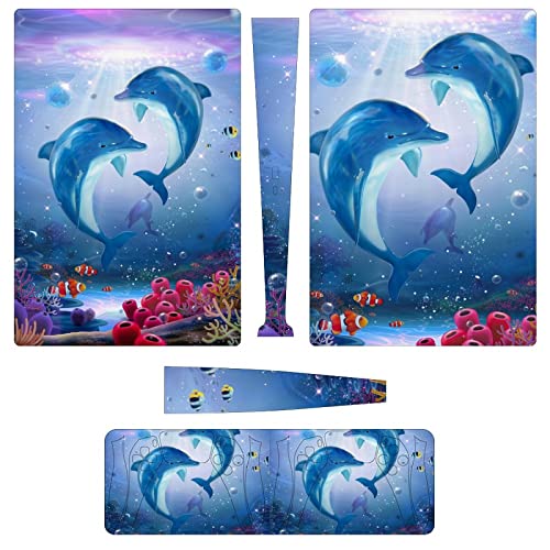 Dolphin Family in Colorful Tropical Ocean Full Protective Skin Cover Design Wrap Decal Sticker Compatible with PS5 Digital Edition Console and Controller